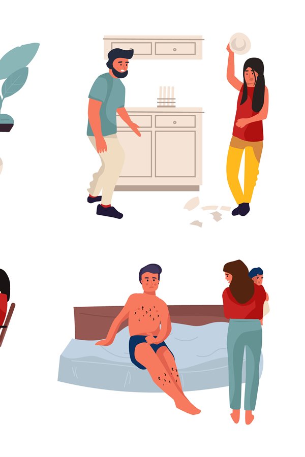 Family conflict. Trendy cartoon scenes of fight between fami