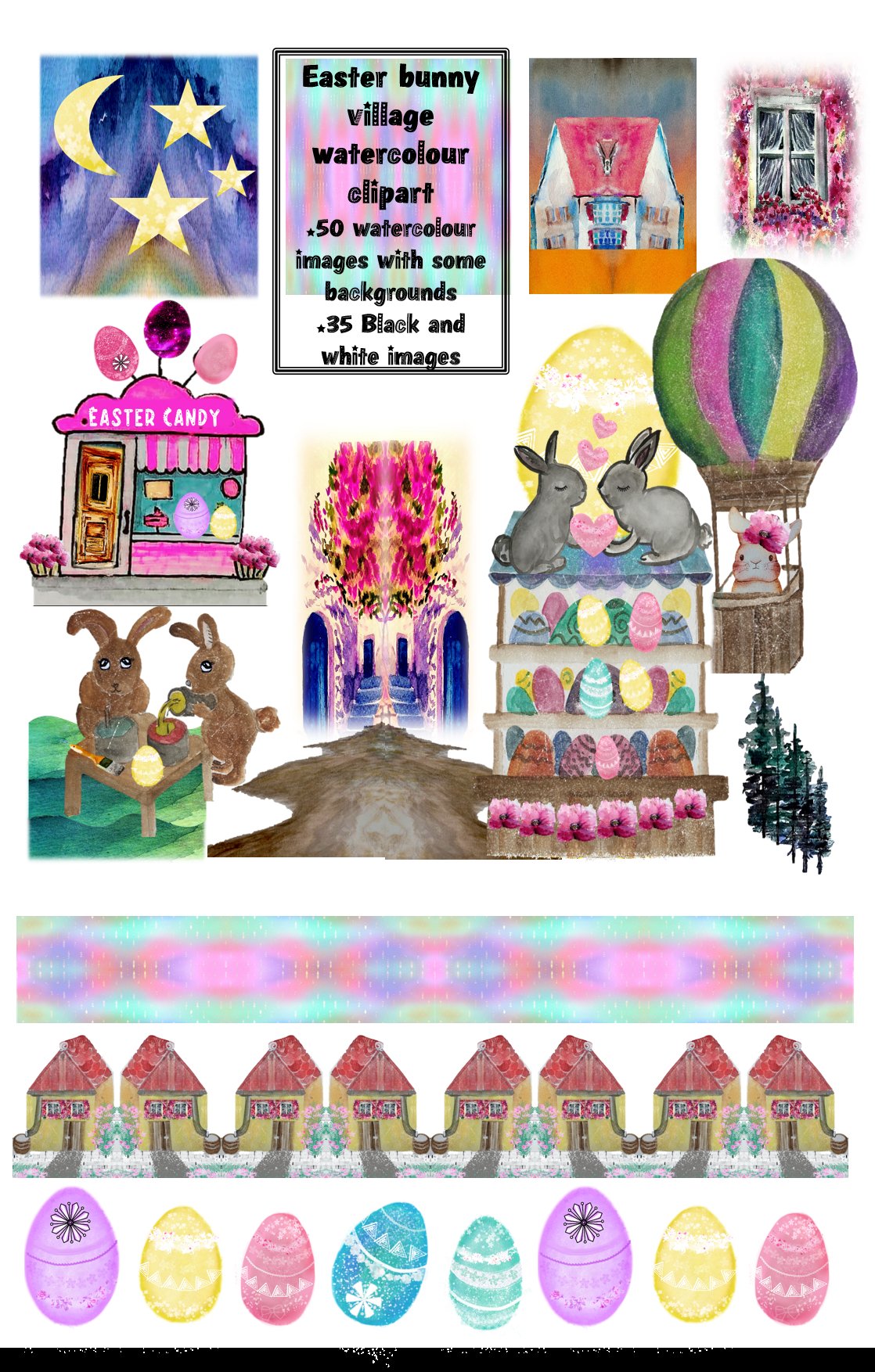 Easter bunny village watercolour clipart with line art