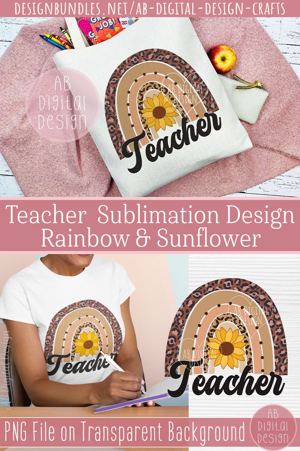 Teacher Sublimation Design PNG | Sunflower & Rainbow