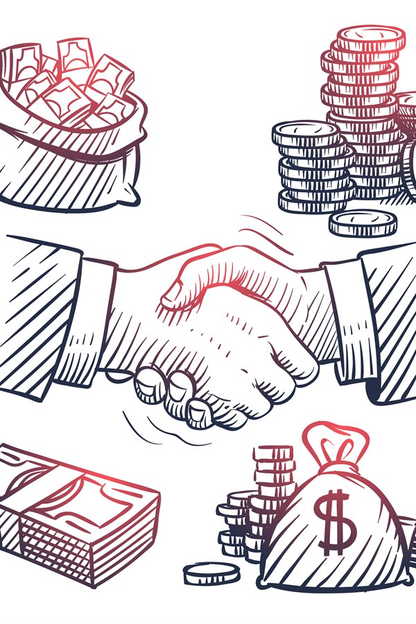 Sketch hand shaking. Doodle dollars packs, money bag, gold c