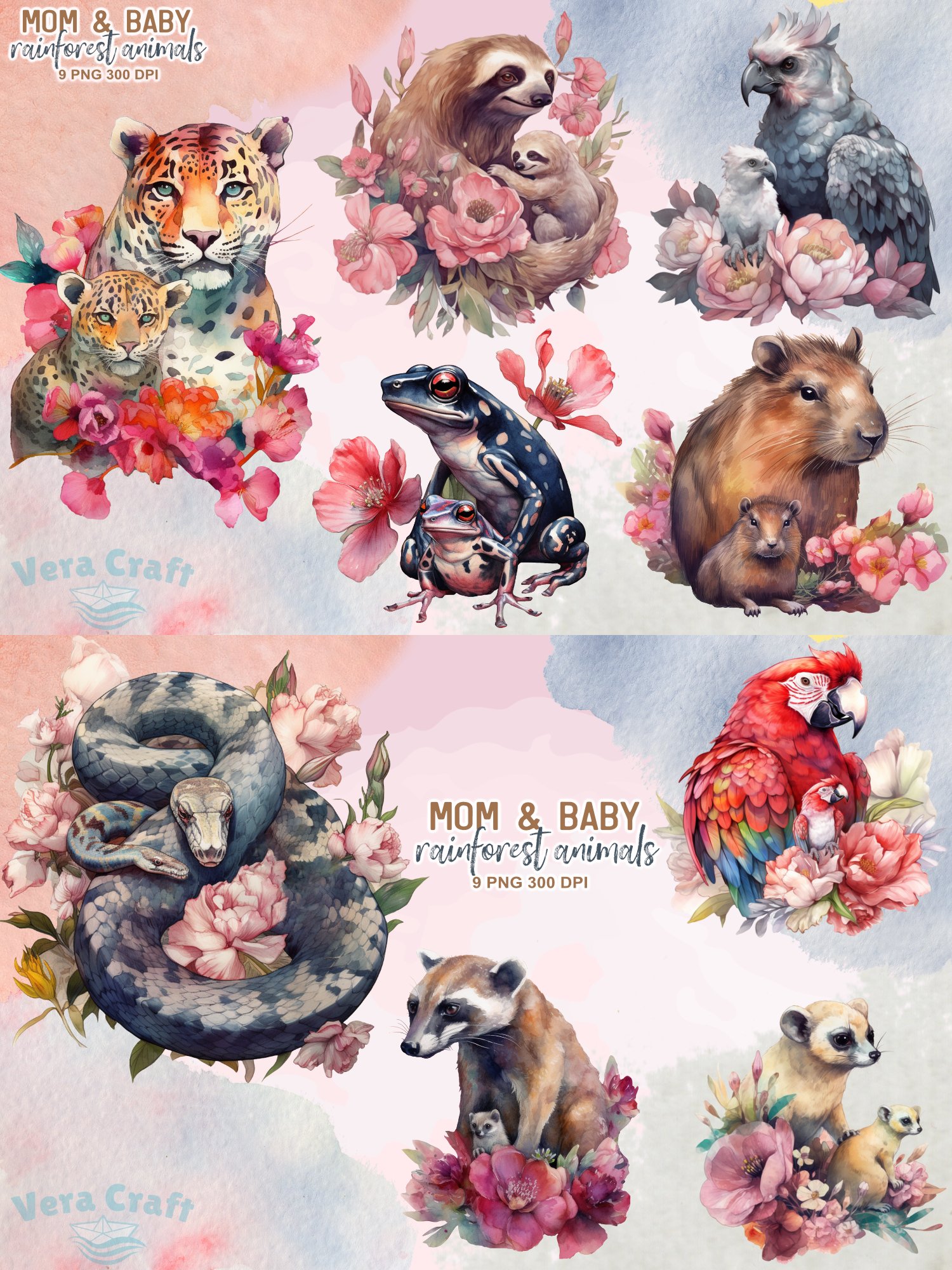 Mom&Baby Rainforest Animal Watercolor Clipart - 9 Variations