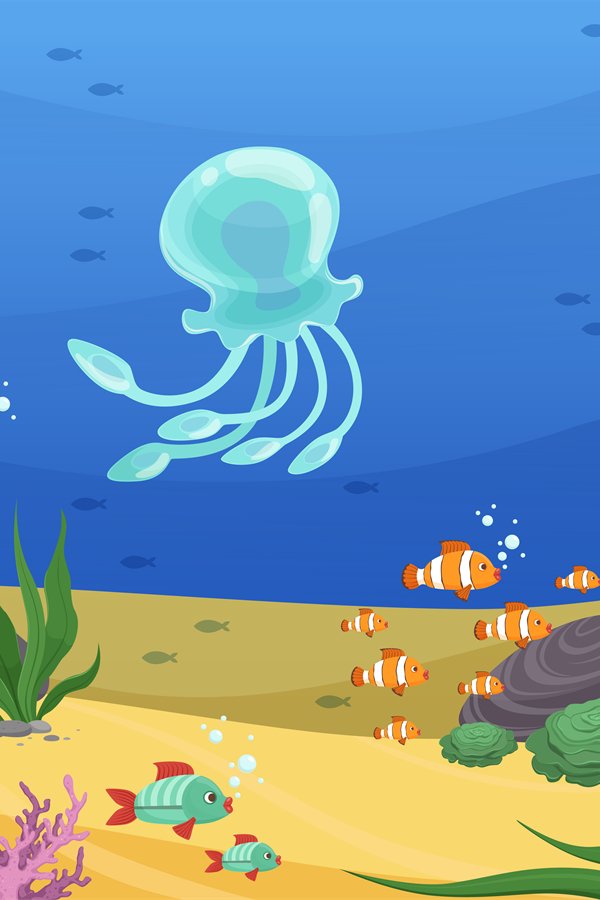 Underwater. Sea life background with fishes and water plants