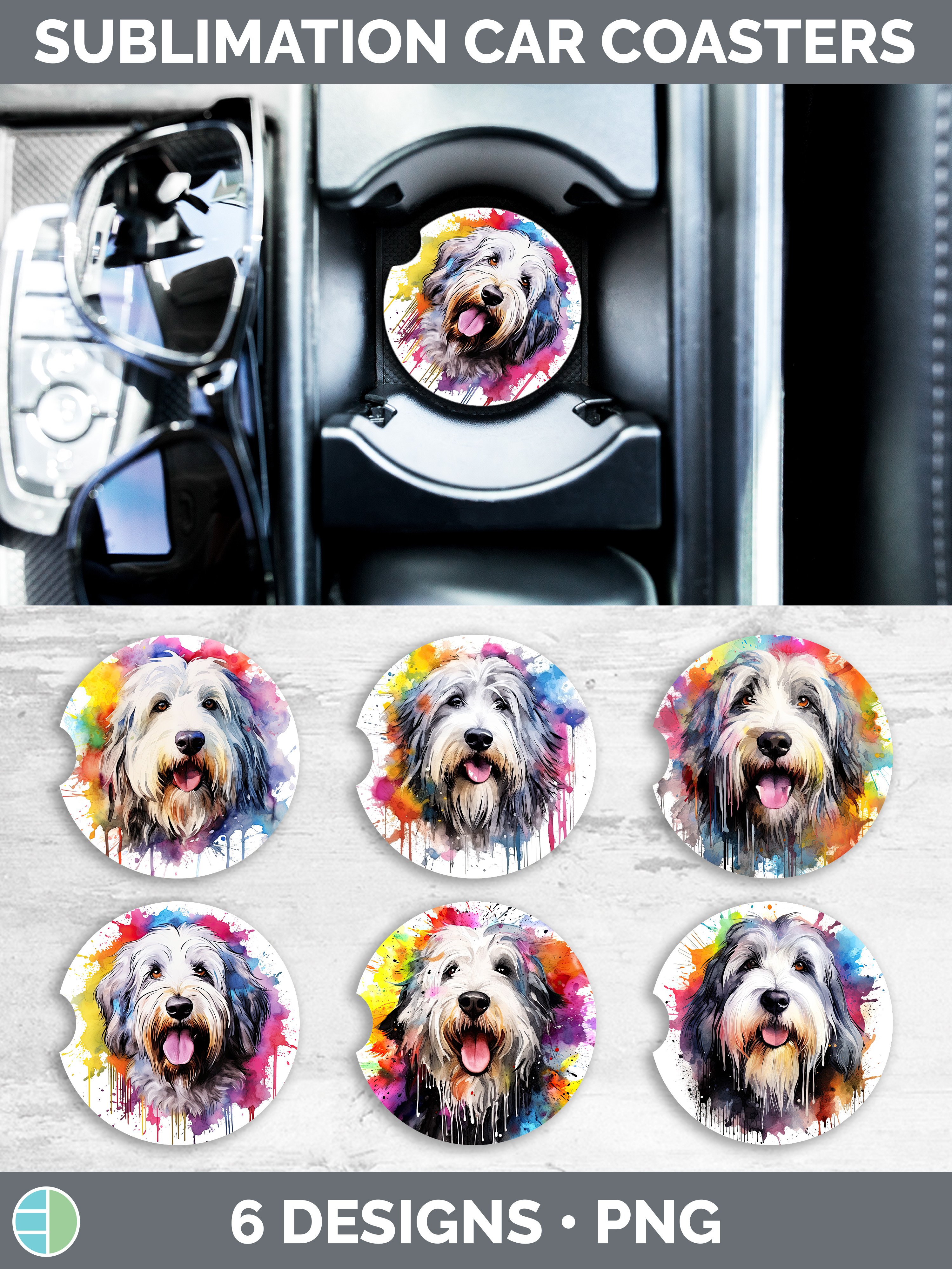 Splat Rainbow Sheepdog Dog Car Coaster | Sublimation Coaster