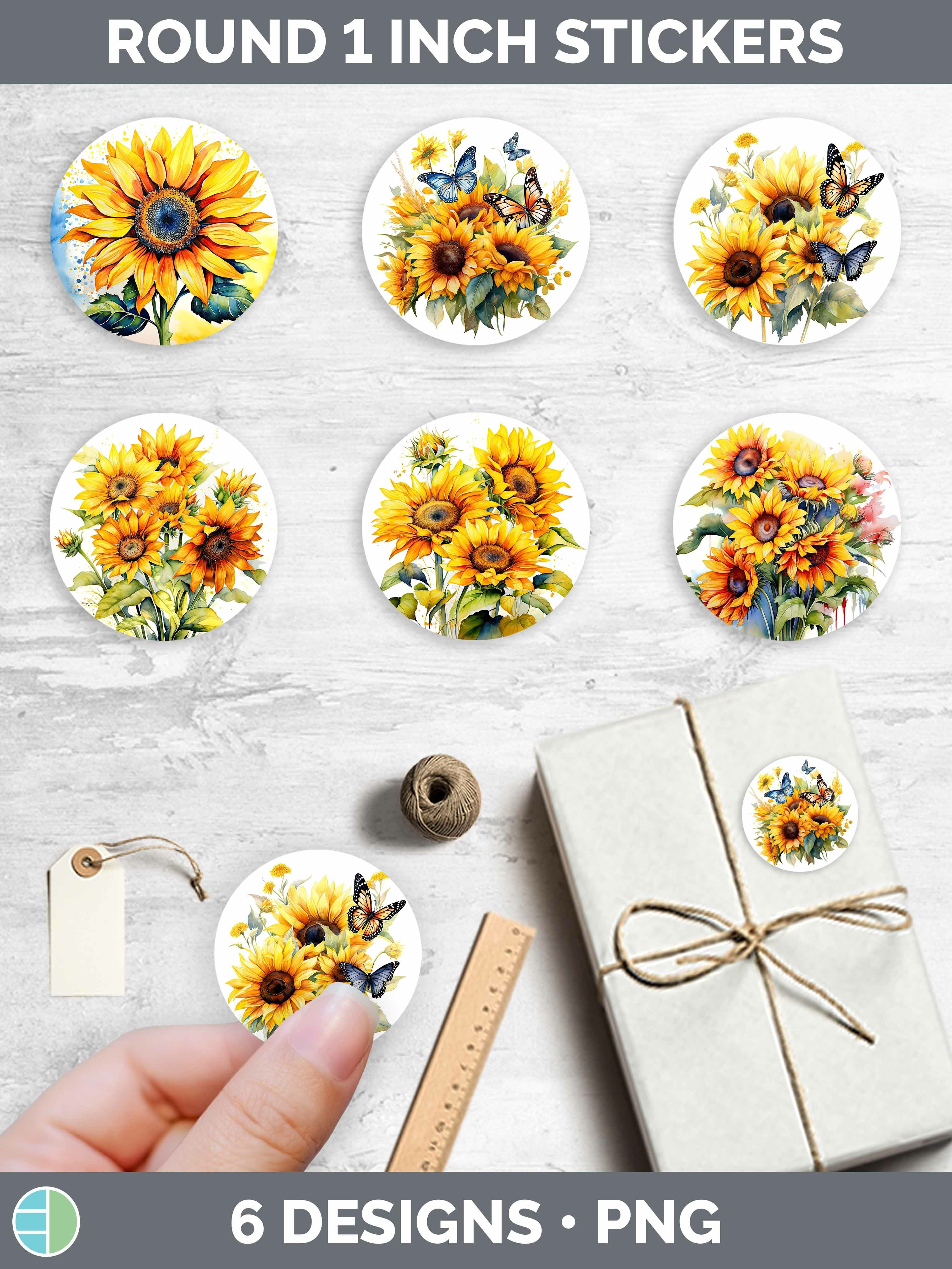Watercolor Sunflower Stickers | Round Labels Bundle