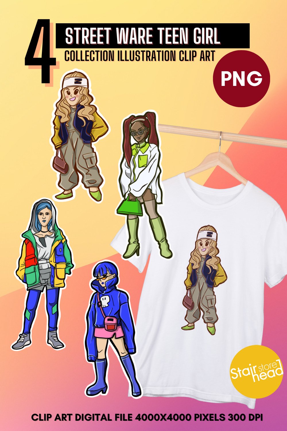 4 streetwear teen girl Illustration clip art collection