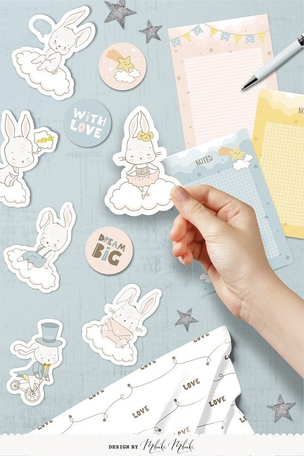 Cute Printable Rabbits Stickers, Notebooks pages, Patterns