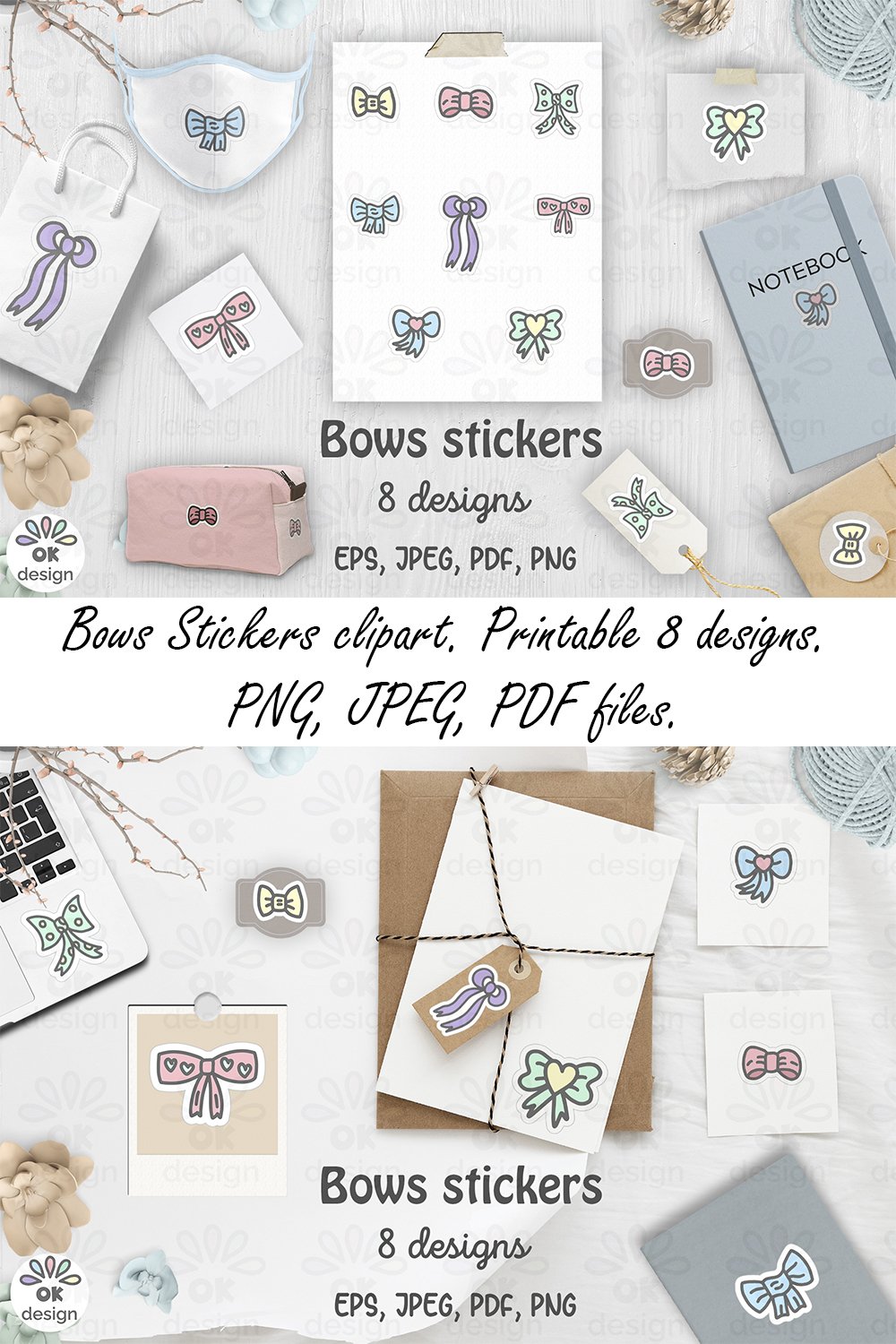 Bows Stickers. Printable 8 designs. PNG, JPEG, PDF.