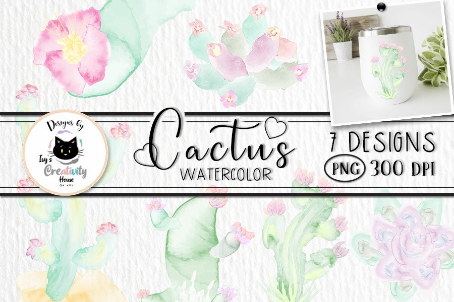 Watercolor Cactus Sublimation Bundle | 7 Cactus PNG Designs