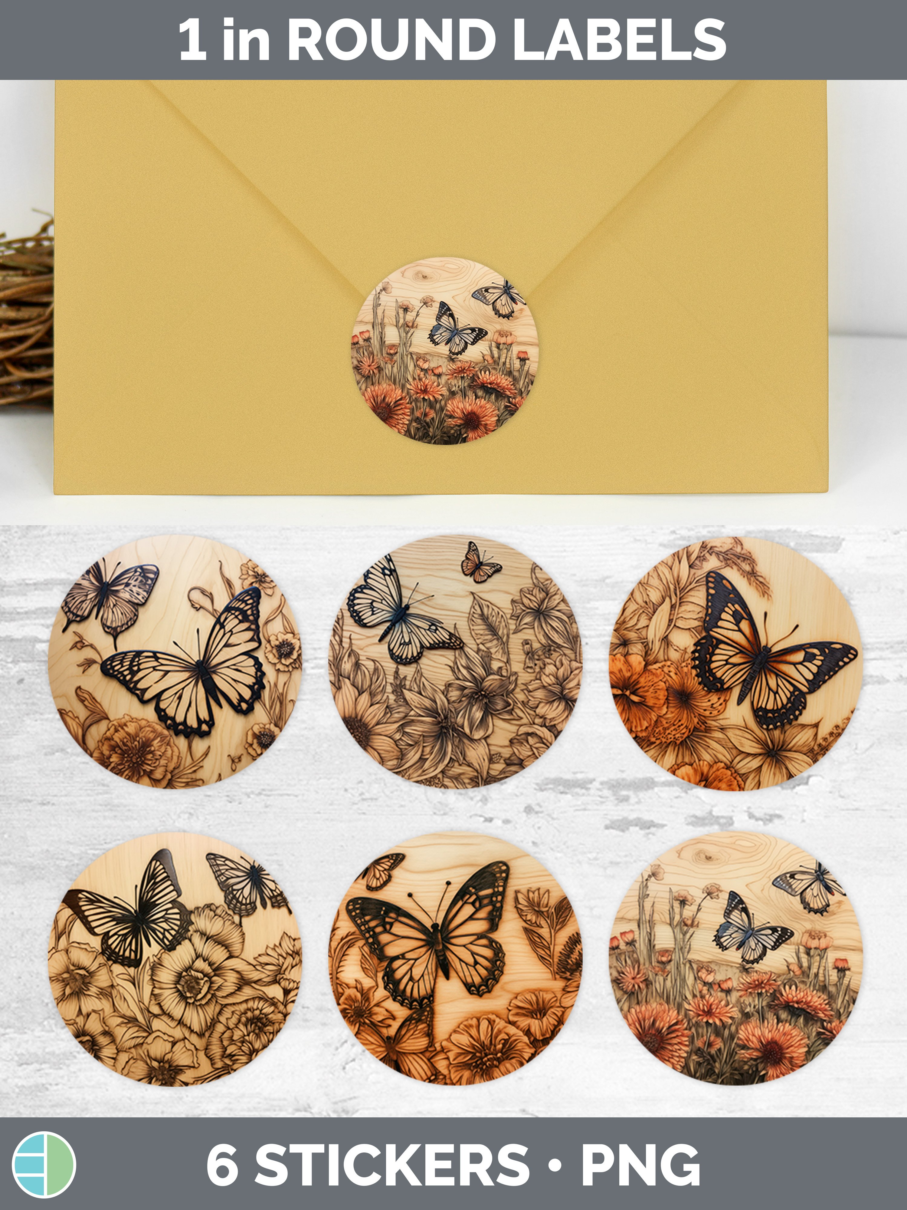 Wood Burned Butterflies Stickers | Round Labels Designs Bund