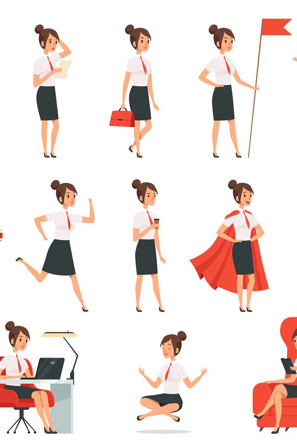 Businesswoman characters. Business ladies in various action