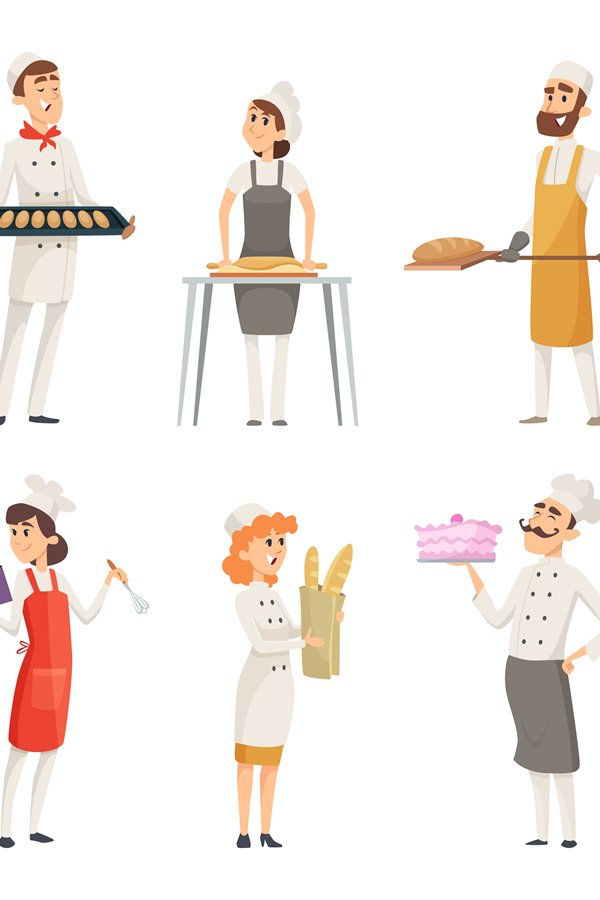 Various cartoon characters bakers at work