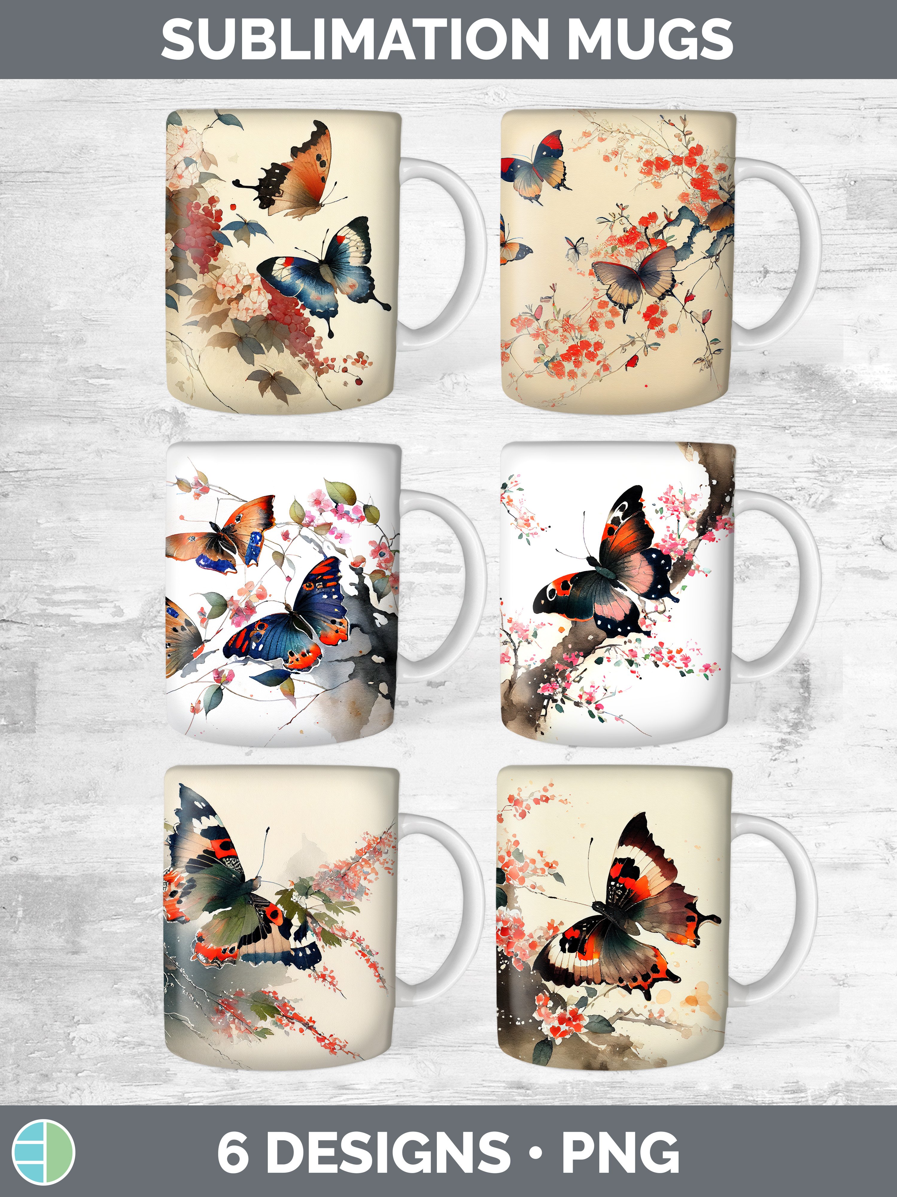 Japanese Watercolor Butterflies Mug Wrap | Sublimation Coffe