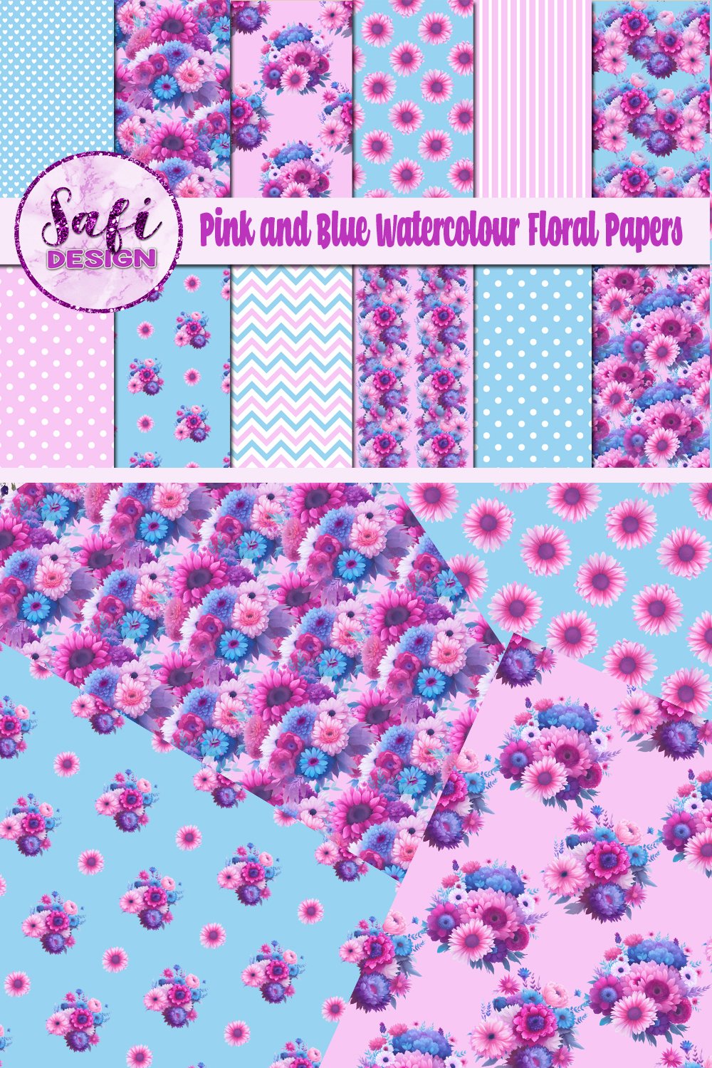 Blue and Pink Floral Digital Papers Backgrounds
