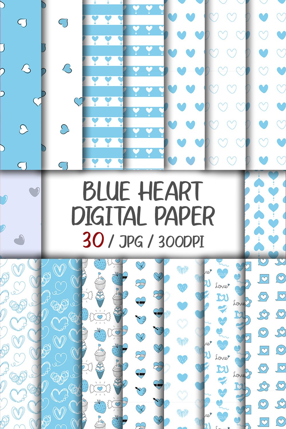 Blue Heart Digital Papers | Hand Drawn Design