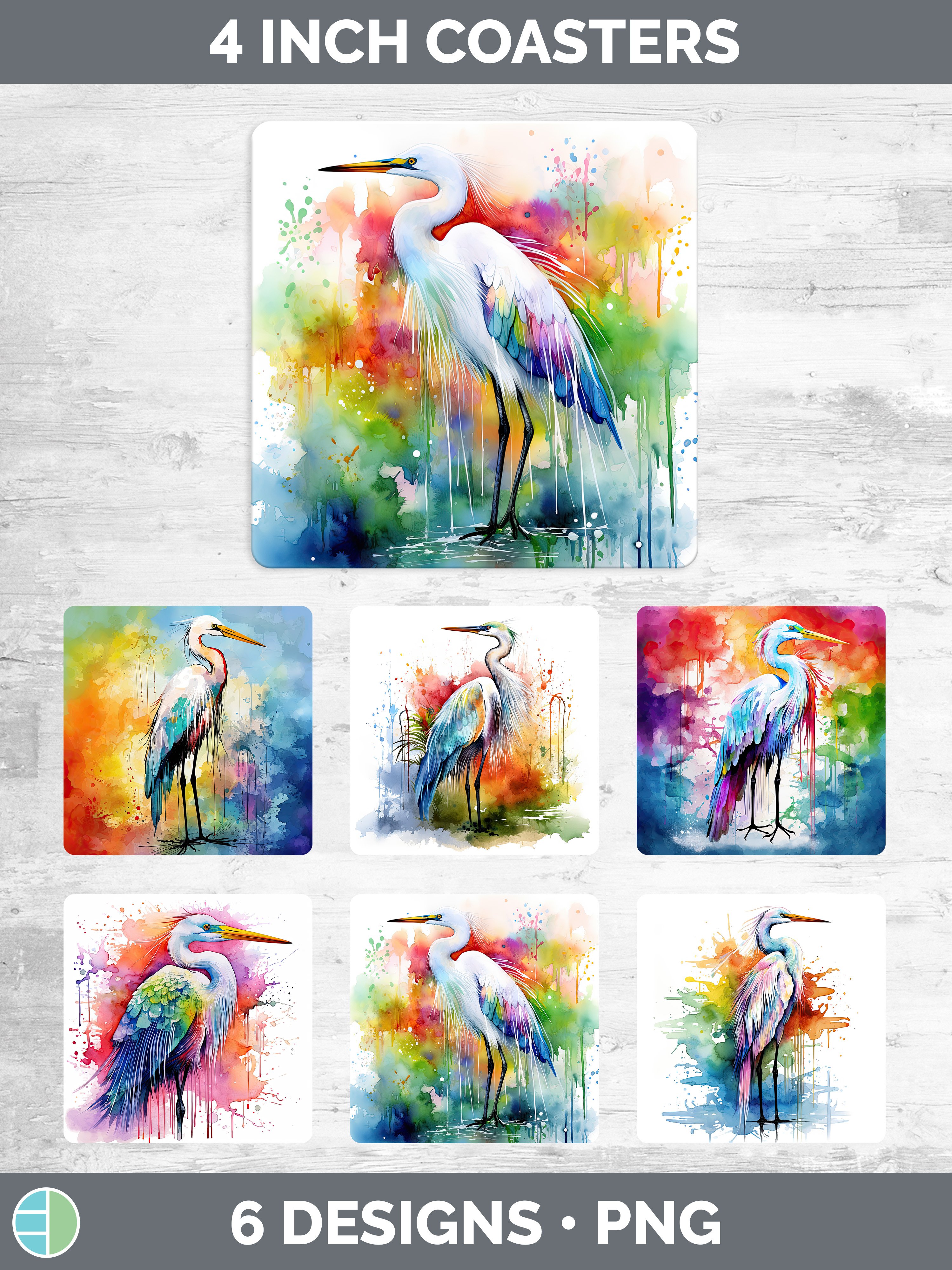Rainbow Great Egret Bird Square Coaster | Sublimation Coaste