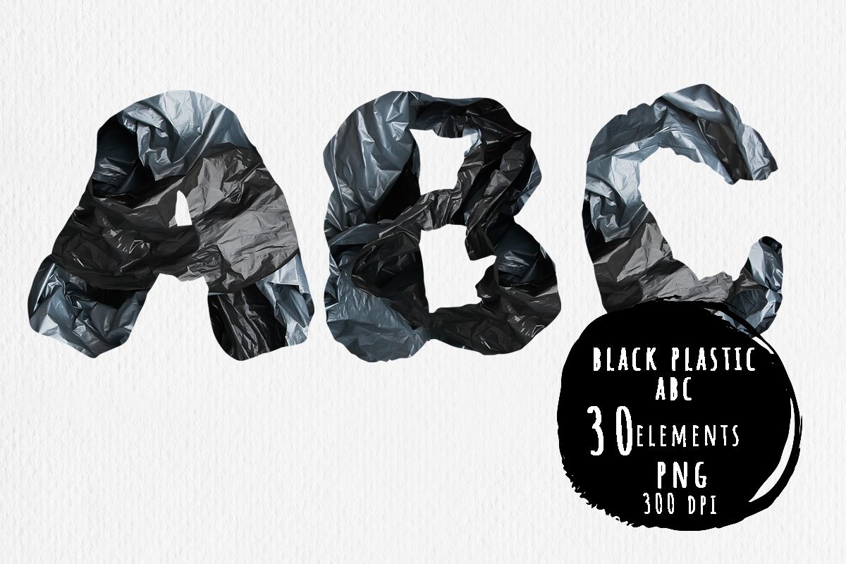 Crumpled black plastic alphabet