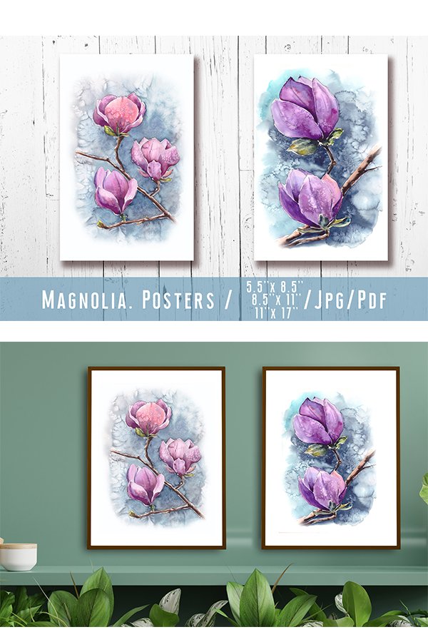 Magnolia Flowers Watercolor Posters Wall Art