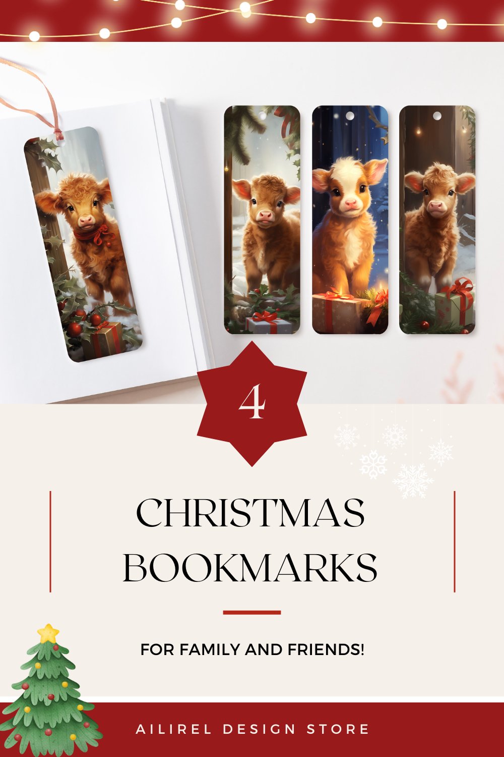 Christmas Bookmark Design, Printable Christmas Cow Bookmark