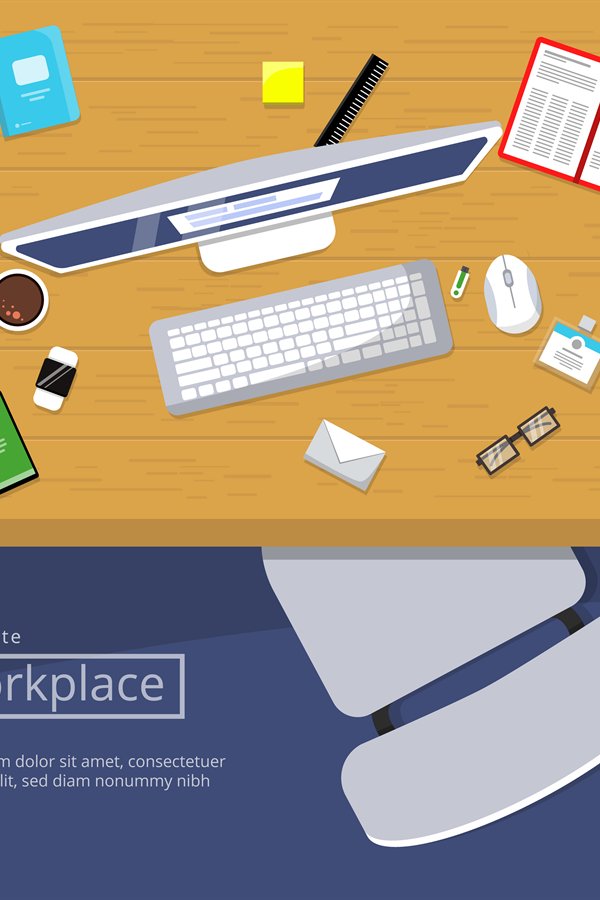 Workspace top view. Wooden table with office items monitor b