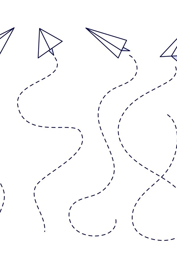 Paper airplane. Graphic flight paths, plane trails. Isolated