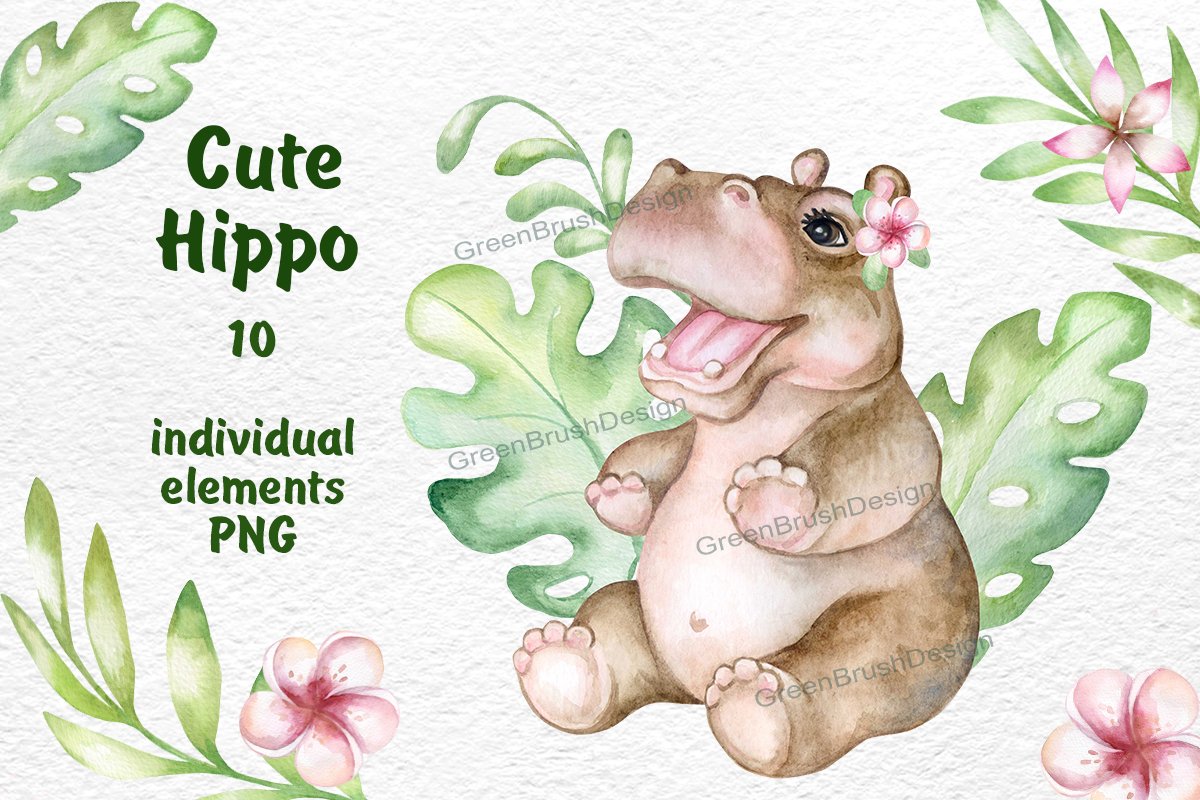 Watercolor hippo animals clipart. Digital kids baby