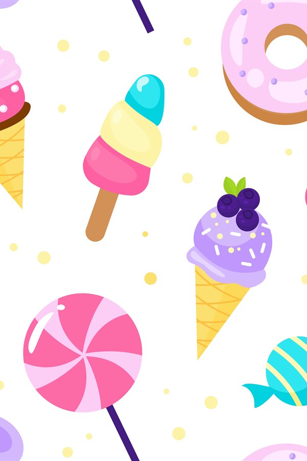 Seamless pattern sweets. Cartoon style candies and ice cream