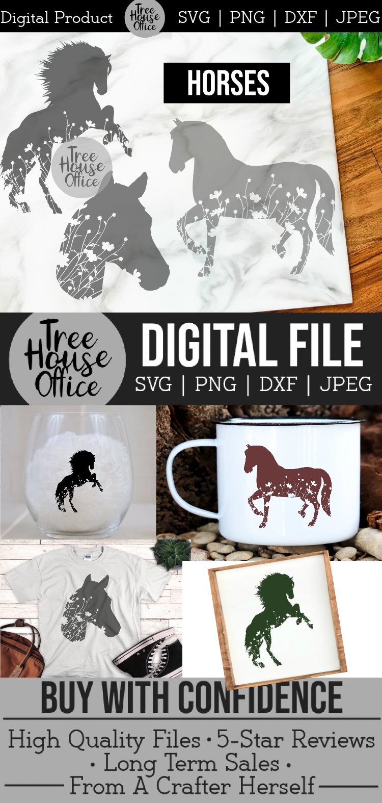 Floral Horse SVG, Horse Silhouette with Flowers Cut File