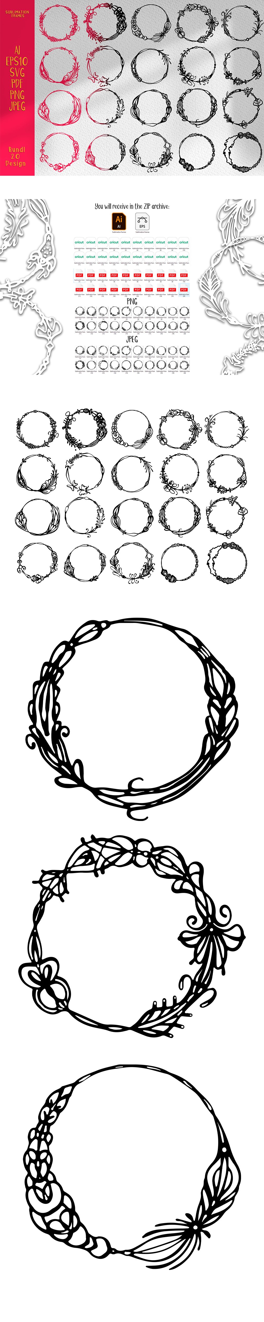 20 Sublimation frames/Round isolated silhouettes of ornament