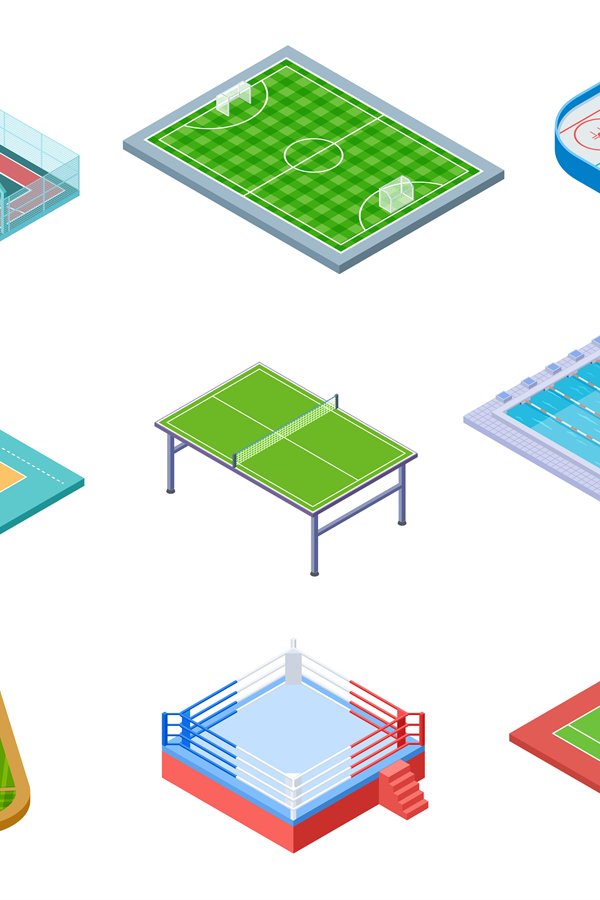 Sport fields isometric. Sports playgrounds handball soccer w
