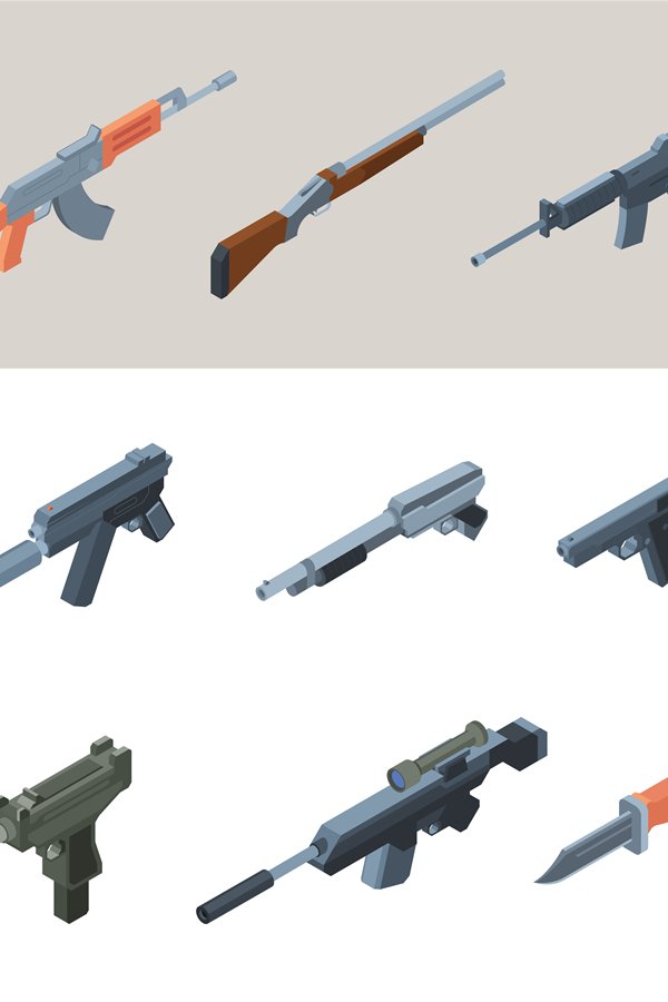 Soldiers guns. Isometric weapons automatic arms for modern w