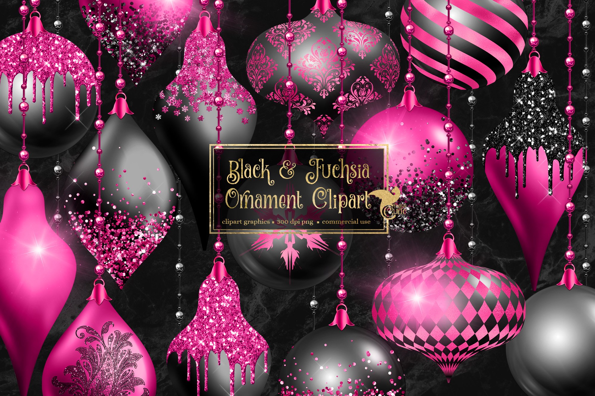 Black and Fuchsia Christmas Ornaments Clipart
