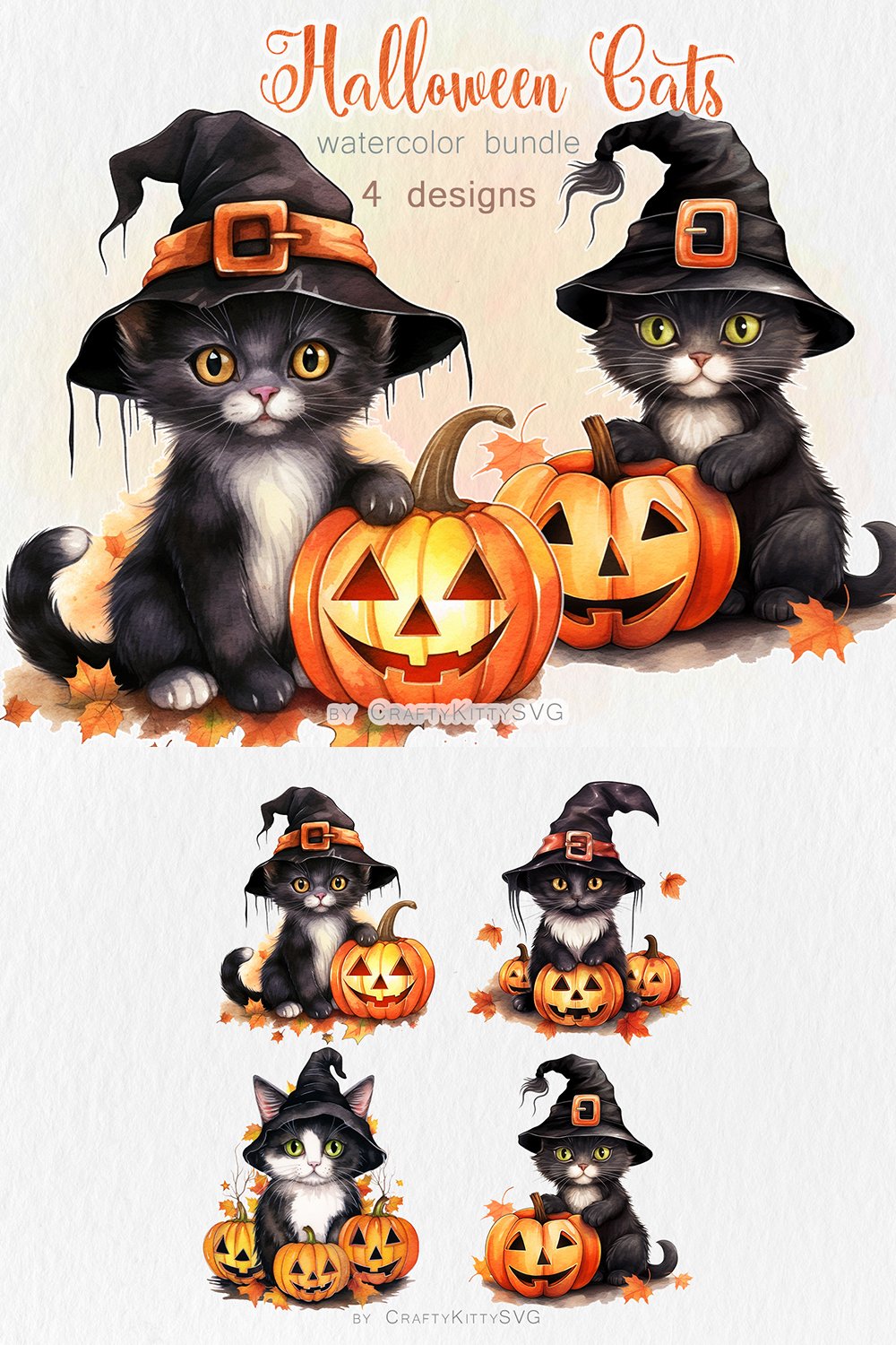 Halloween Black Cat Clip Art, Watercolor Cat and Pumpkins