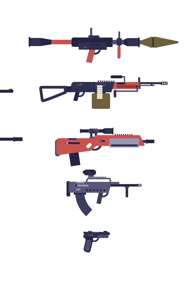 Automatic guns. Battle game weapons. Pistol, shotgun and lau