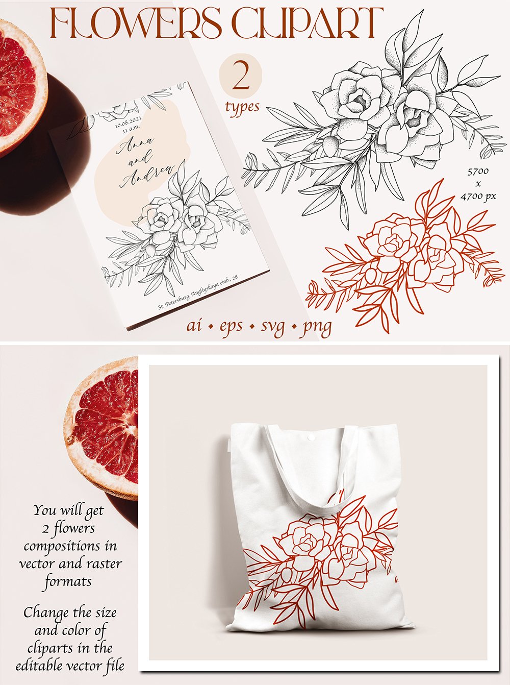 Vector flowers cliparts sublimation, wedding invitation