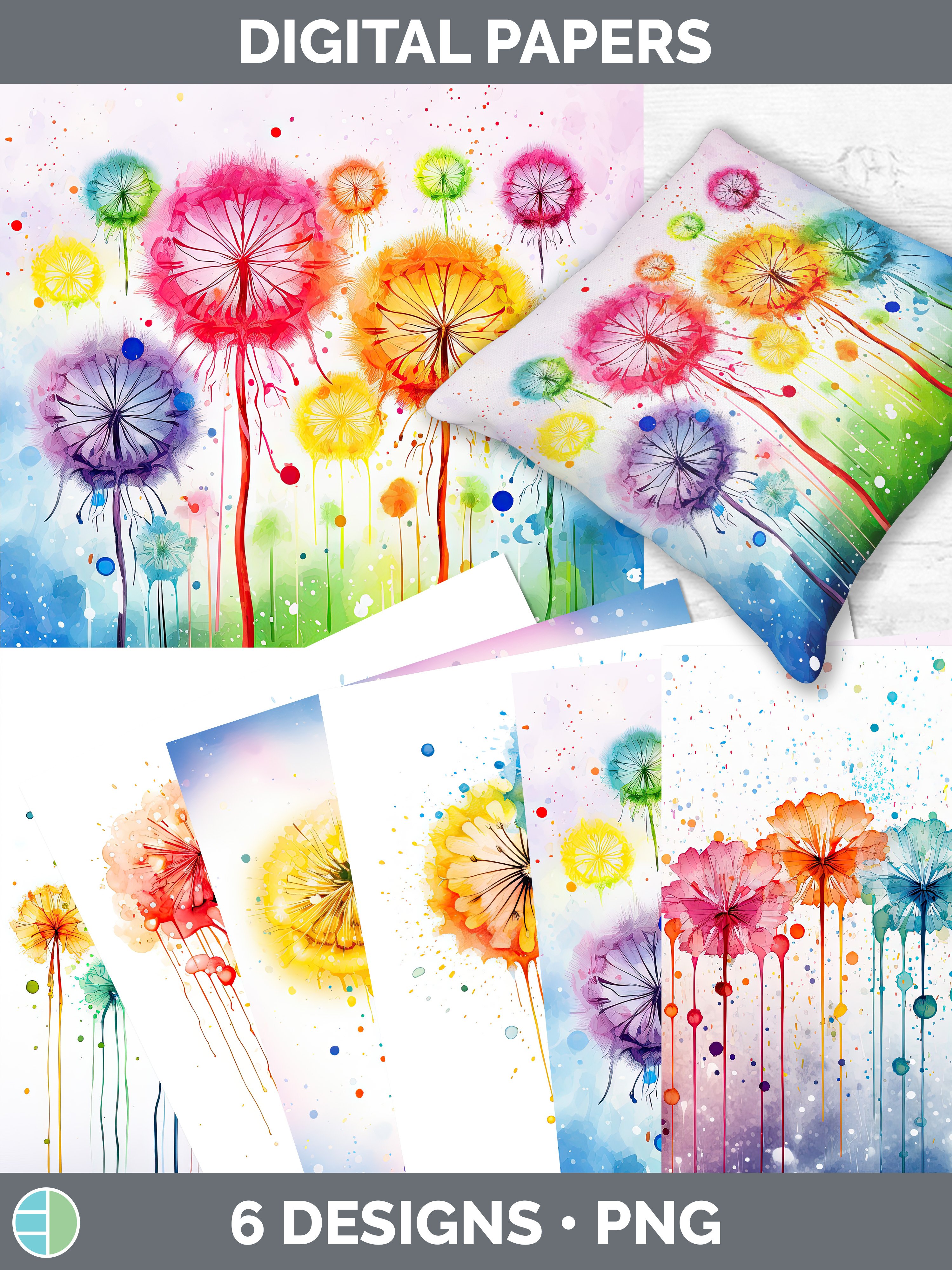 Splat Rainbow Dandelion Flowers Paper Backgrounds | Bundle D