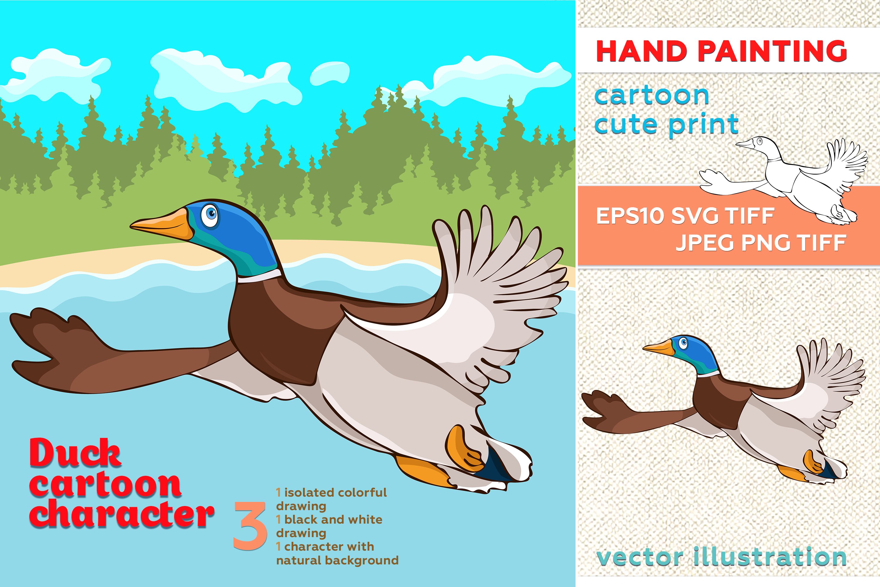 Flying duck funny cartoon character, vector illustration