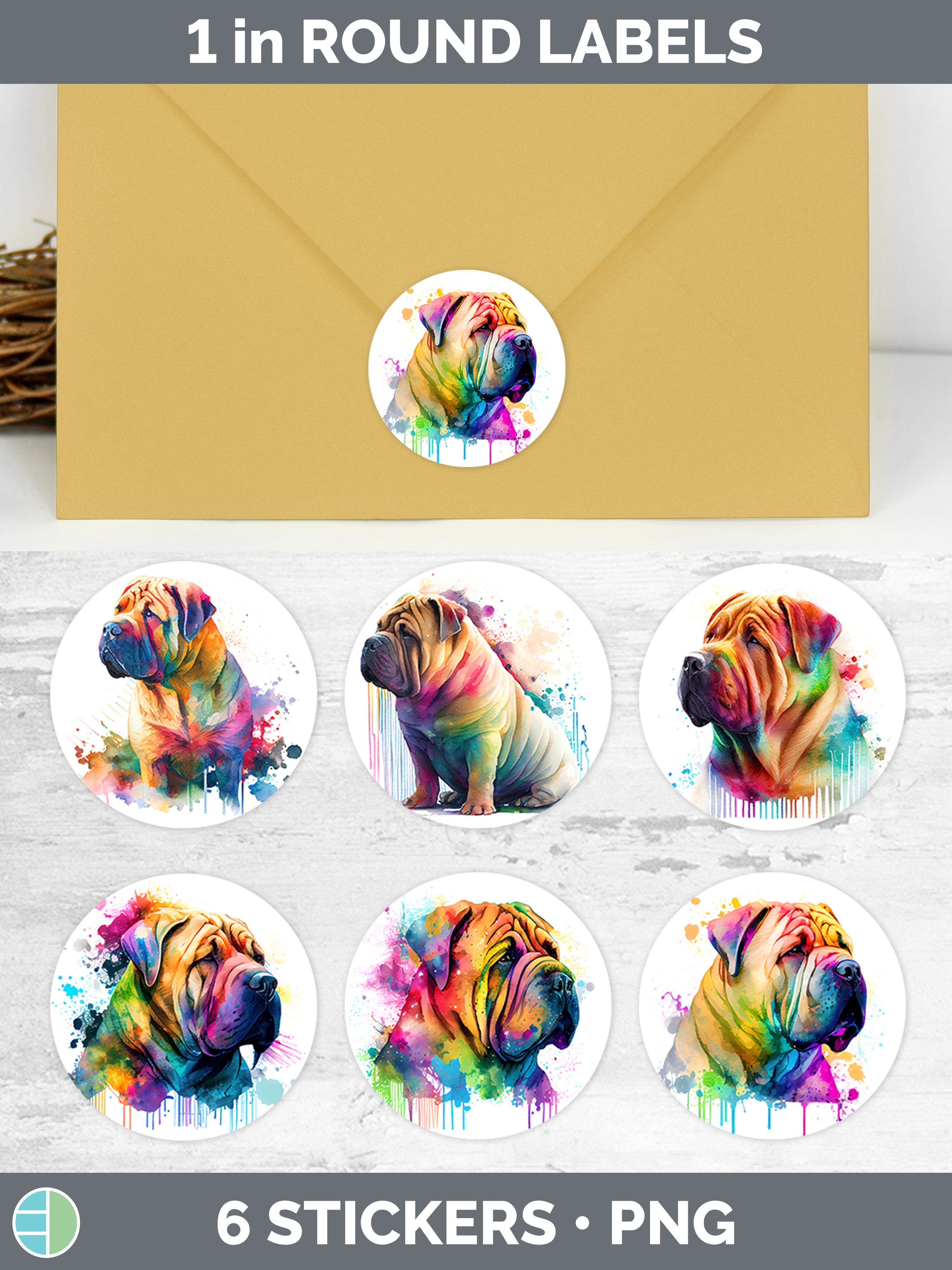 Rainbow Shar Pei Stickers | Sublimation Round Labels Designs