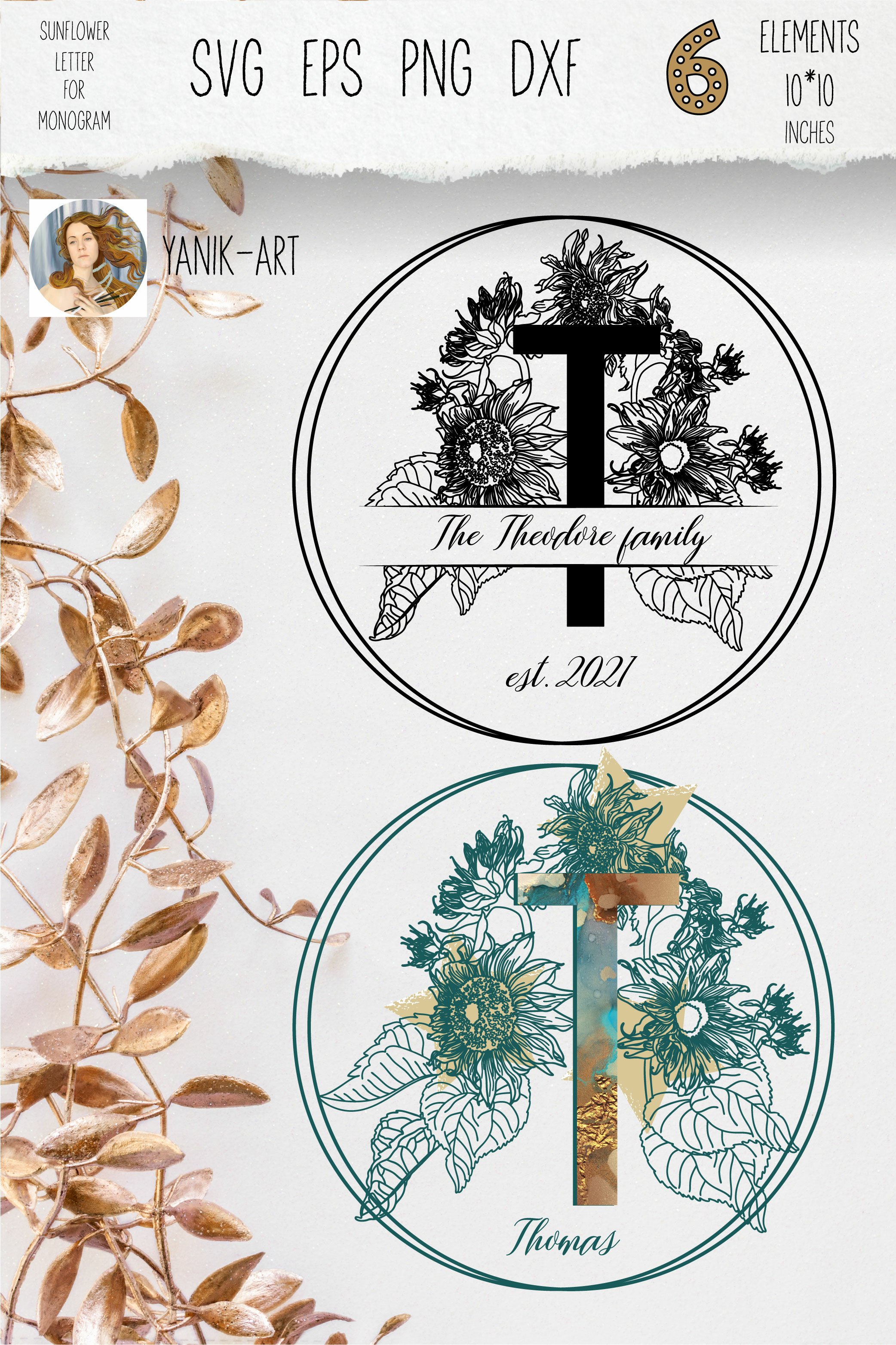 T Monogram svg letter with sunflower for cricut, sublimation