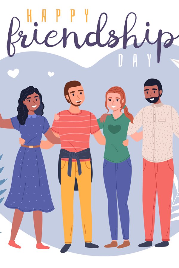 Friendship day. Smiling young friends group, happy hugging p