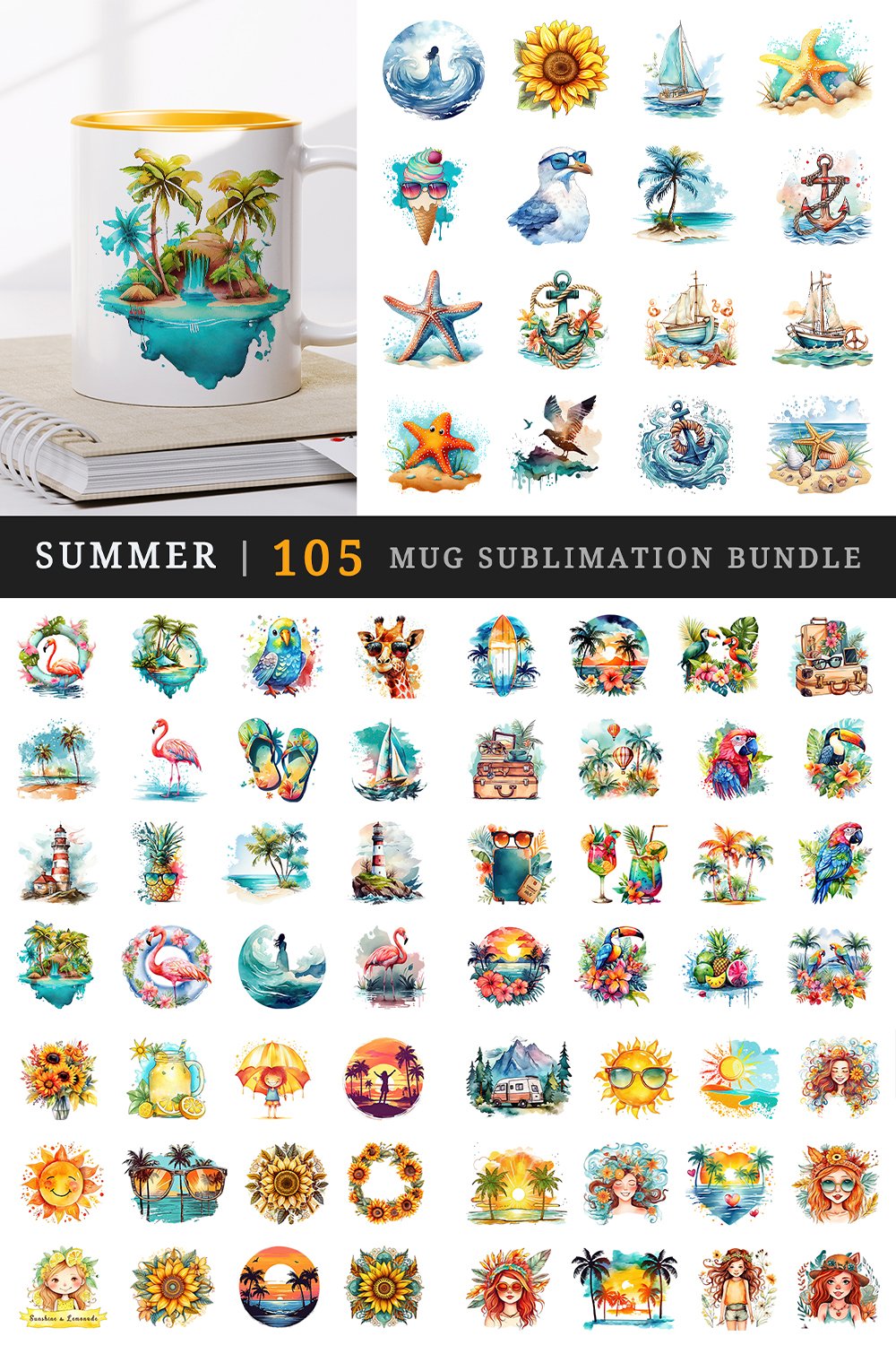 Summer mix mug, coffee cup wrap sublimation design bundle