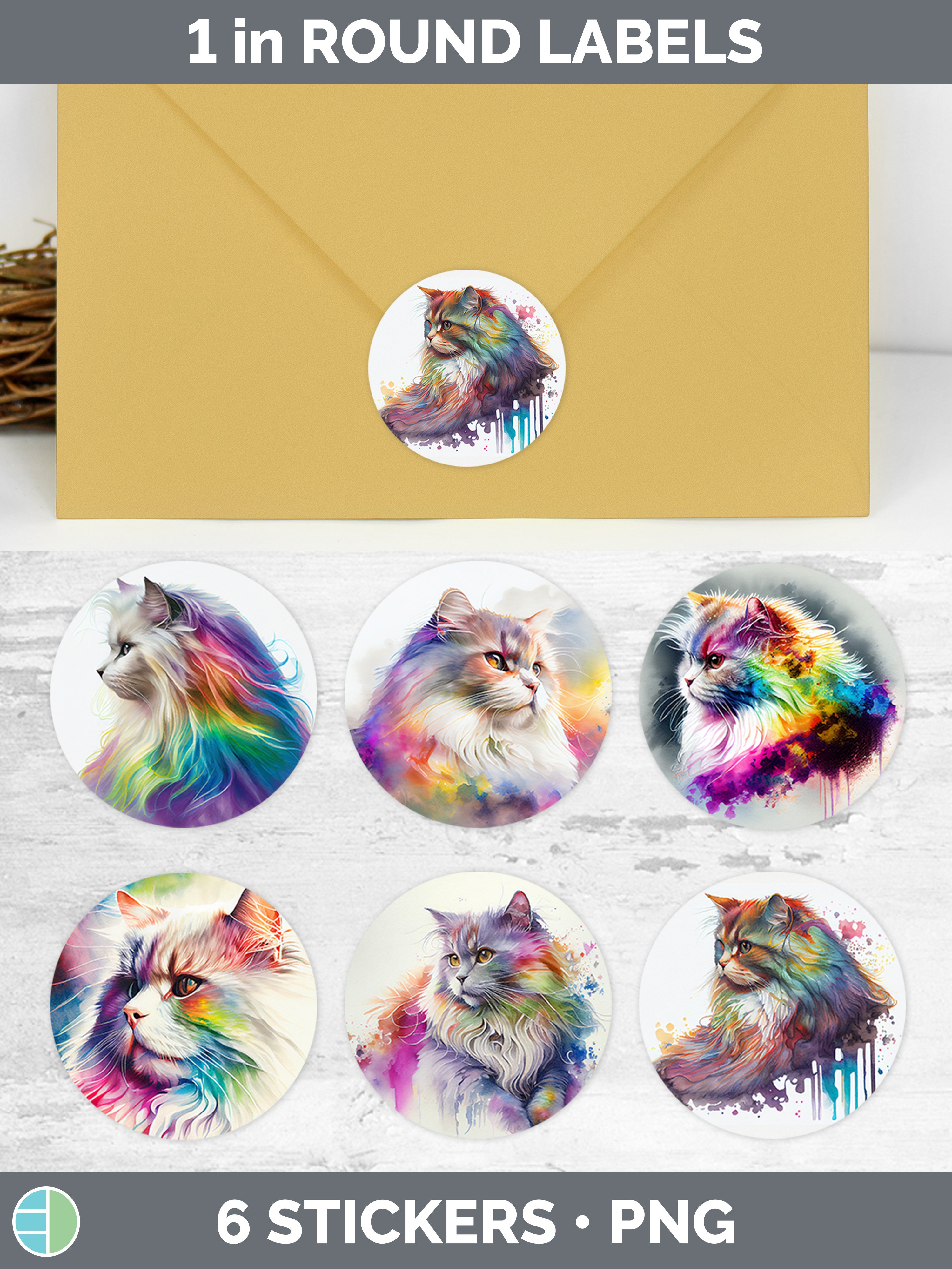 Rainbow Angora Cat Stickers | Sticker 1in Round Labels PNG D