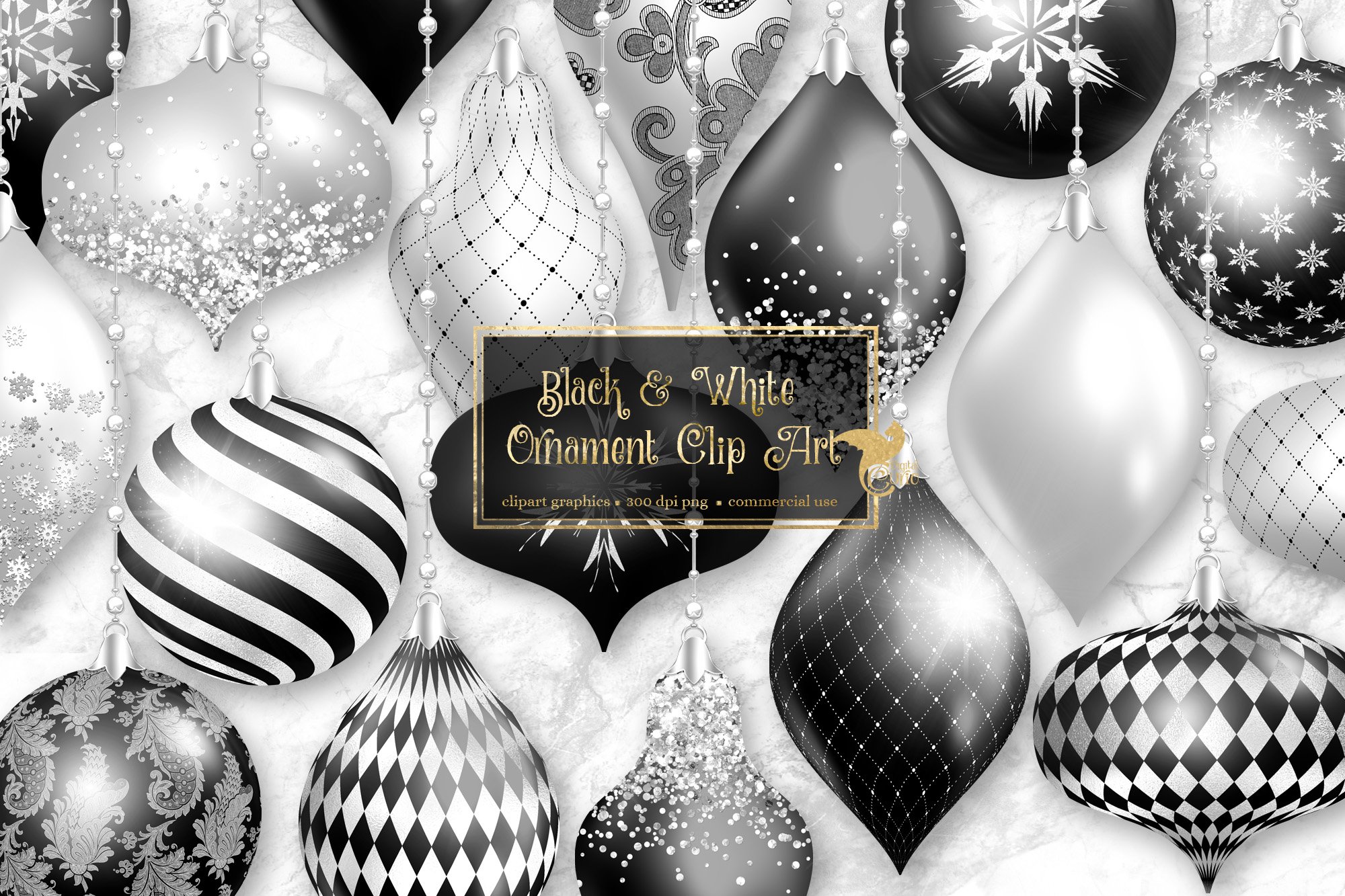 Black and White Christmas Ornaments Clipart (1153168)