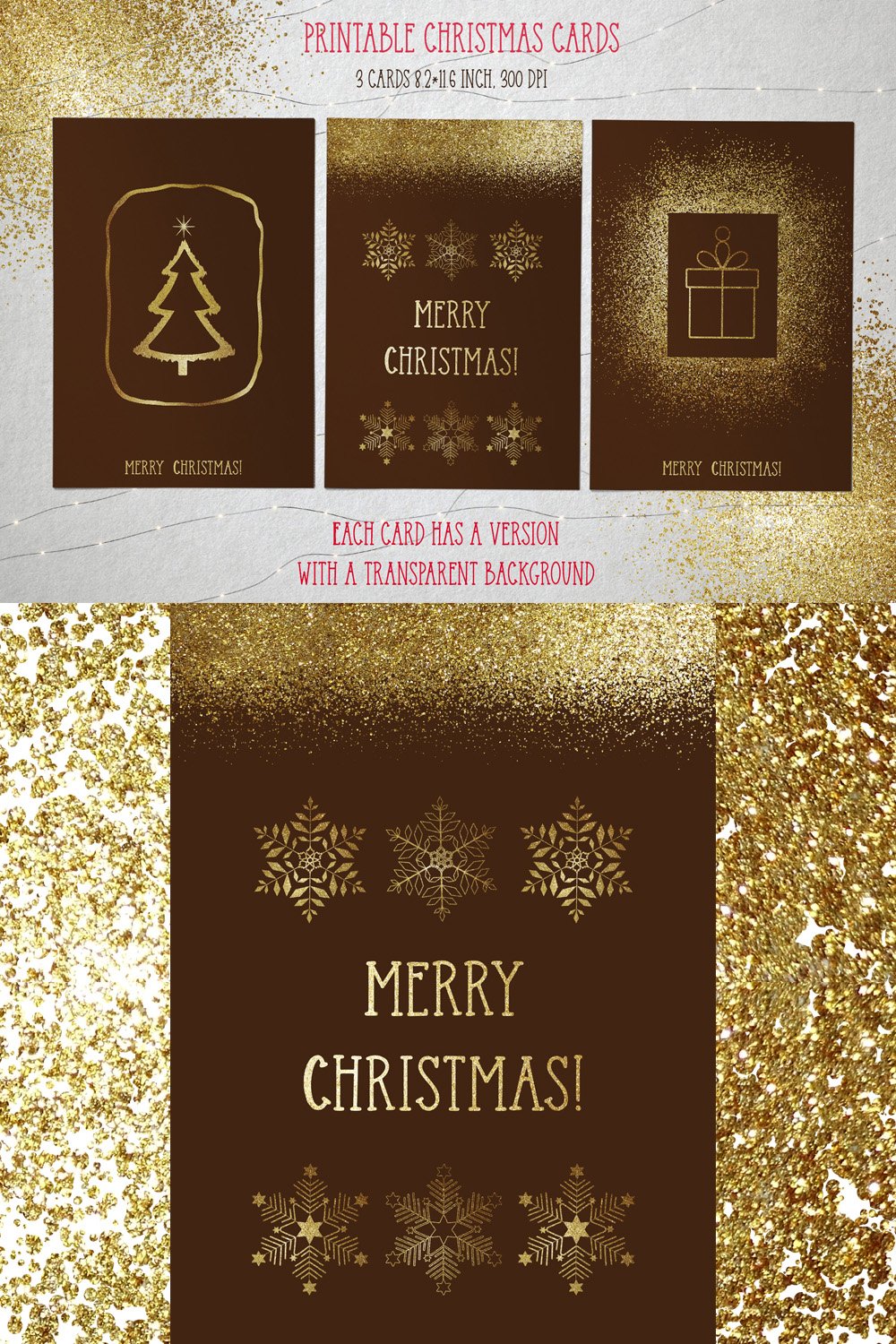 Printable Gold Glitter Christmas Cards