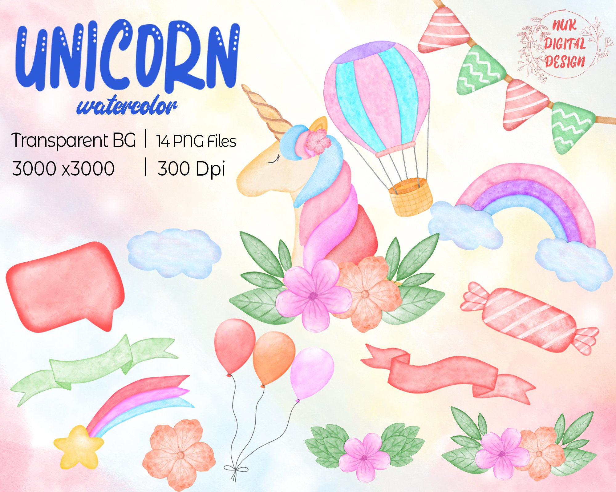 Unicorn Watercolor Clip Art 14 PNG files