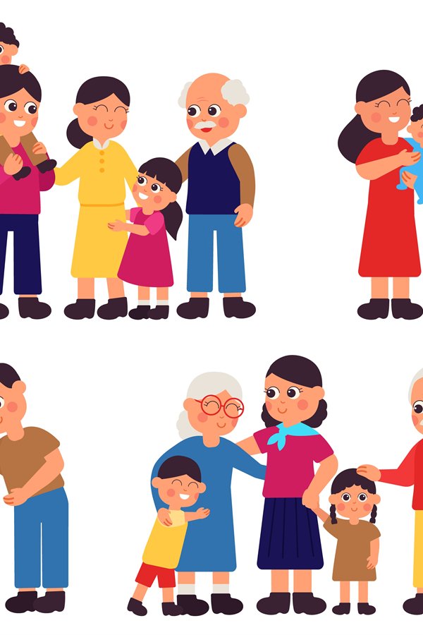 Cute families groups. Cartoon family, isolated mother, fathe