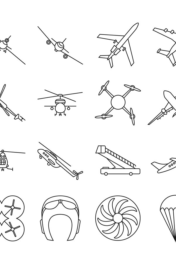 Aviation thin line vector icons set