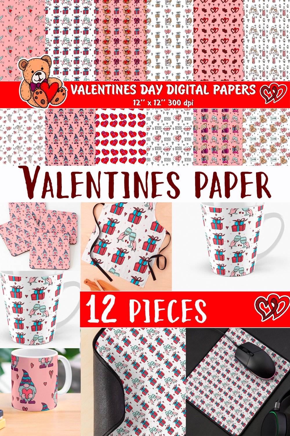 Valentine's Day Digital Paper, Red Hearts seamless patterns