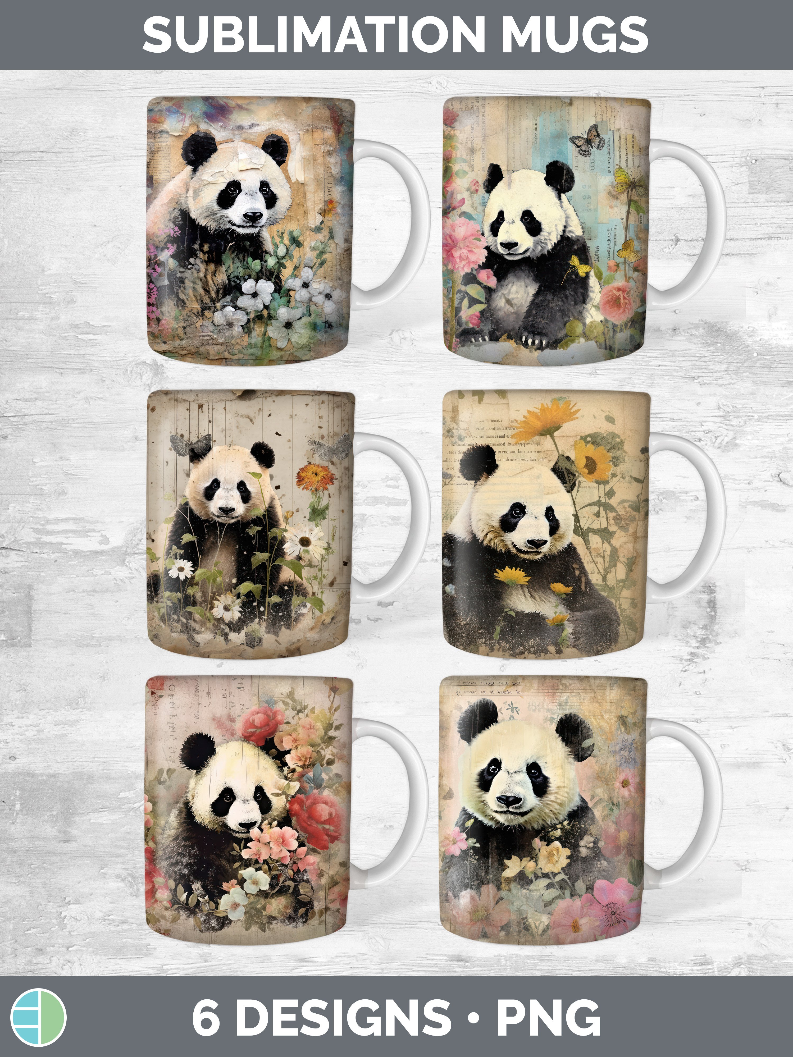 Vintage Panda Bear Mug Wrap | Sublimation Coffee Cup Designs