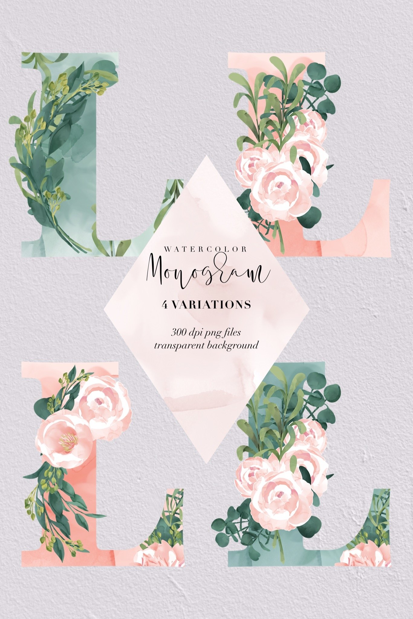 Letter L watercolor monogram, floral monogram PNG, flowers