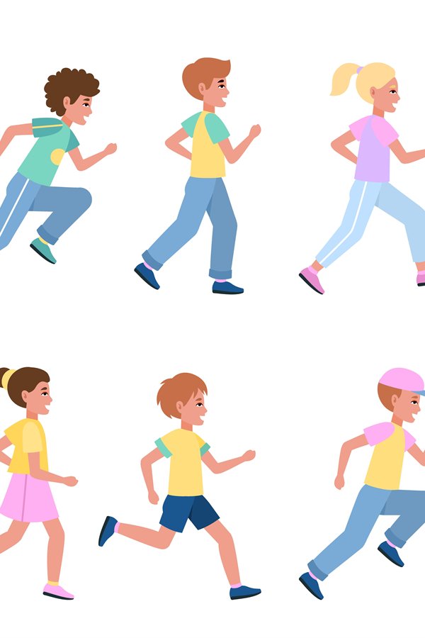 Running kids set. Young happy runners side view collection,